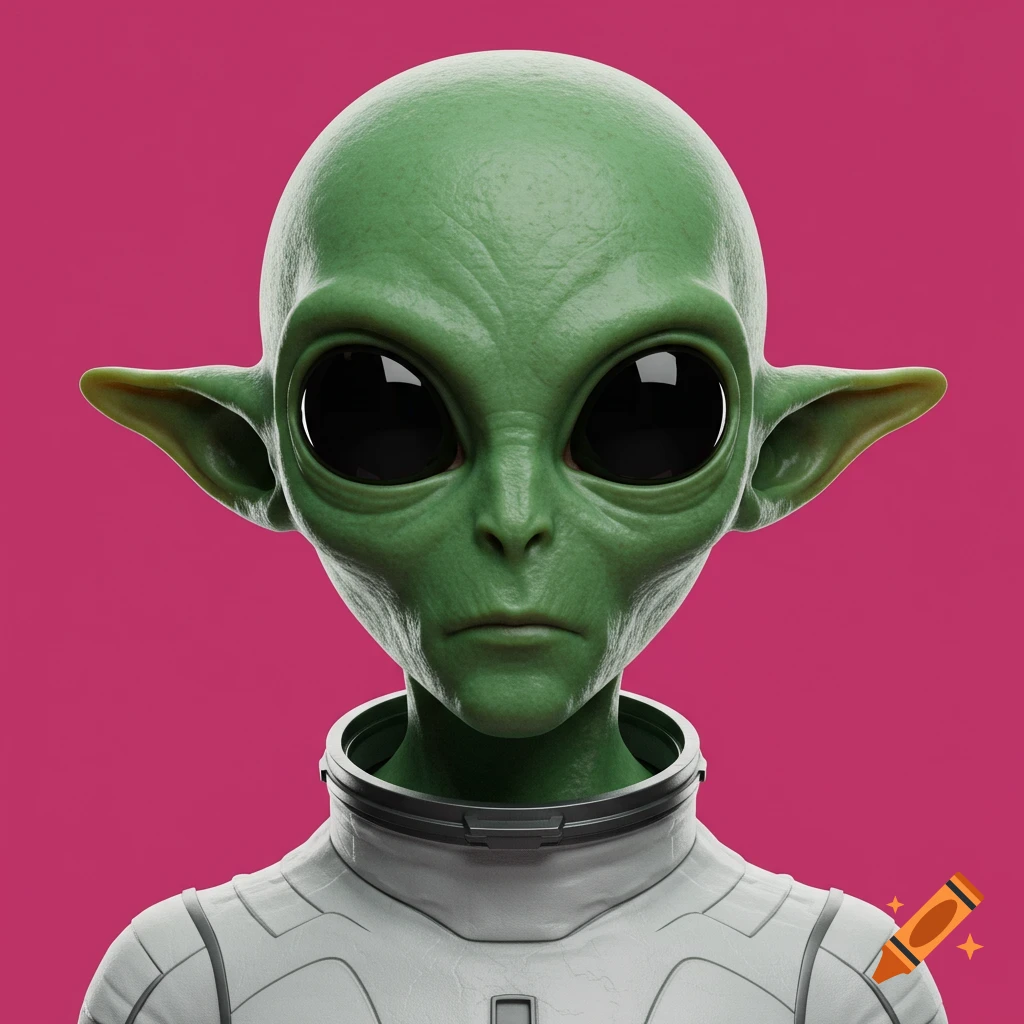 A realistic headshot of a green alien with large black eyes and pointed ...