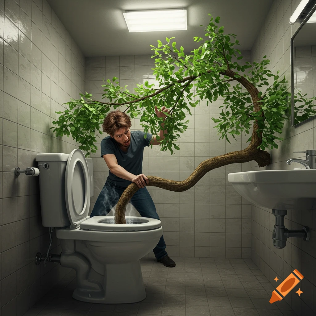 A man strains to pull a large tree branch with green leaves out of a ...