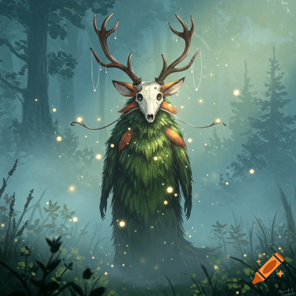 A creepy yet cute bipedal deer creature with black antlers, long black ...