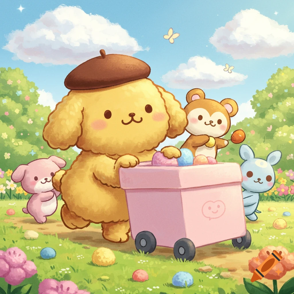 Cute cartoon of Pompompurin, a yellow dog, pushing a pink cart with ...