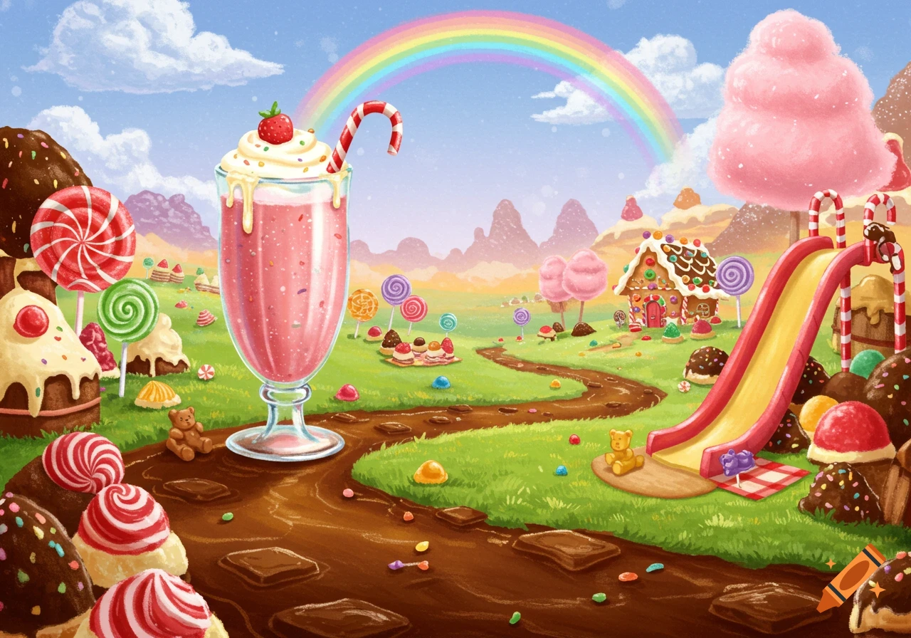 A vibrant, whimsical candy land landscape featuring a milkshake river, gingerbread house ...