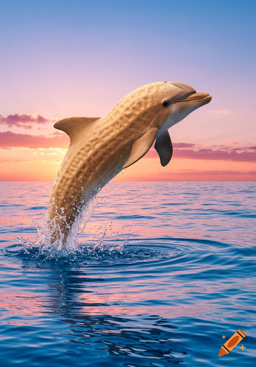 A dolphin with a textured, peanut-like skin leaps from the ocean into a colorful sunset sky. on ...