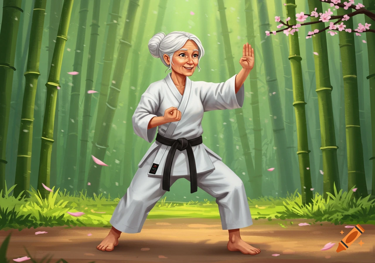 An elderly sensei and a diverse group of students, including adults and ...