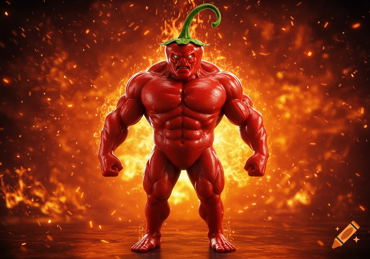 A muscular red chili pepper creature with an angry face stands in a ...