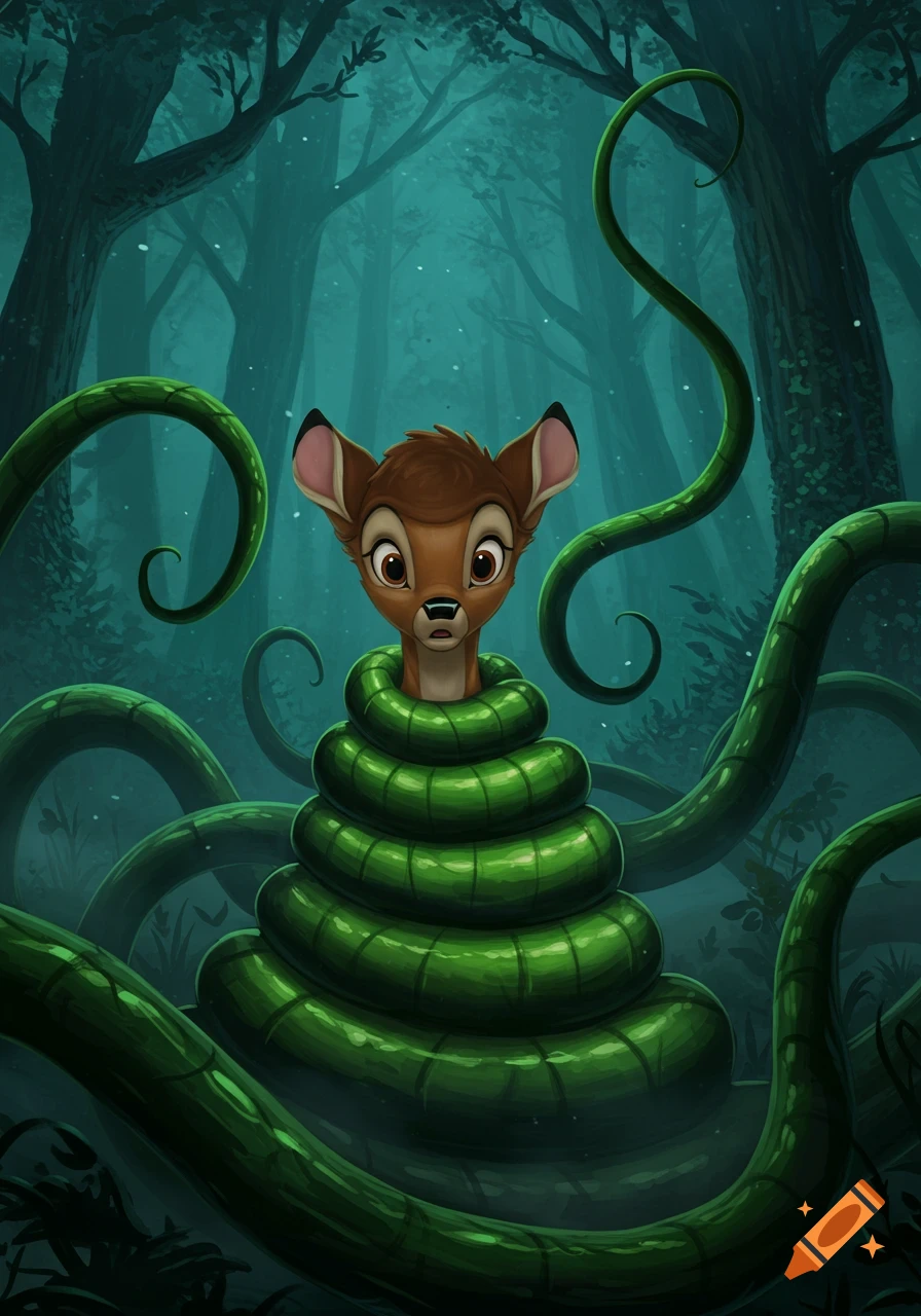 A cartoon illustration of Bambi, a deer, wrapped tightly by large green ...