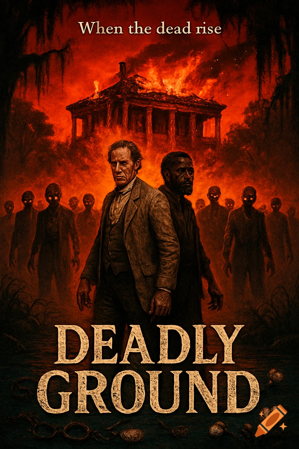 A horror movie poster with a burning antebellum mansion, two men, and a ...