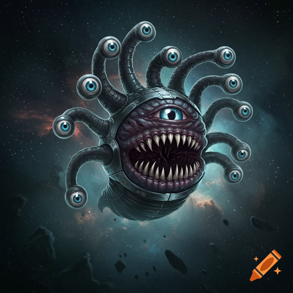 A creepy monster with a circular head covered in many eyes, a large ...