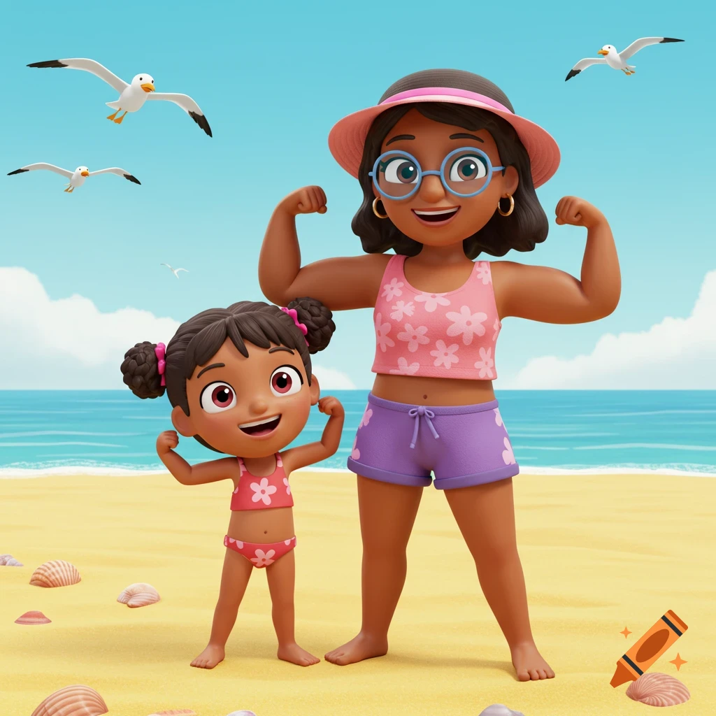 A smiling cartoon mother and daughter in swimsuits at the beach, with ...