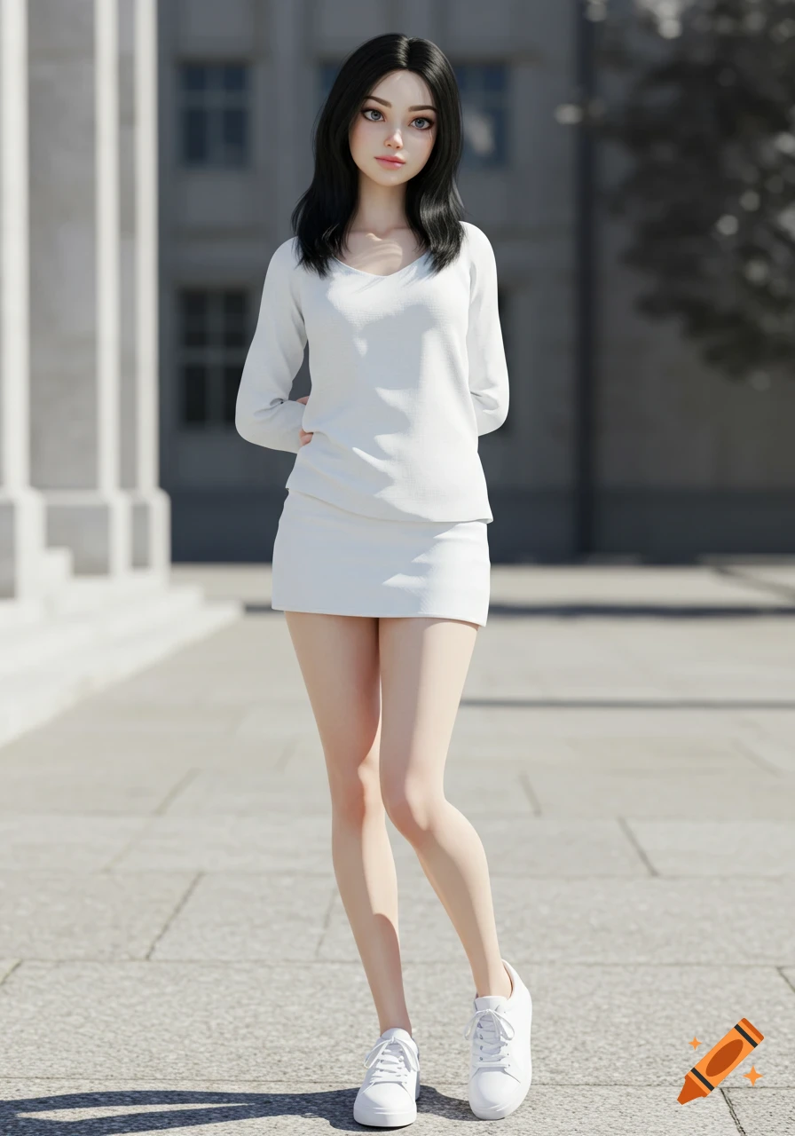 Photorealistic portrait of a young Japanese-American woman in a white blouse and jeans, standing ...
