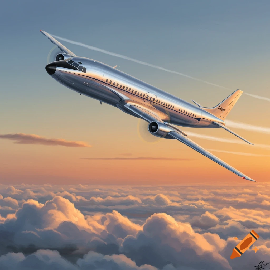 A sleek, silver airplane with propellers flies above clouds against a ...