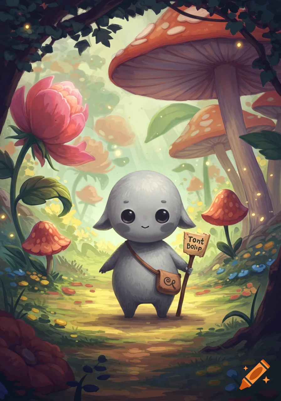A cute, grey, round-headed cartoon creature holds a sign in a magical ...