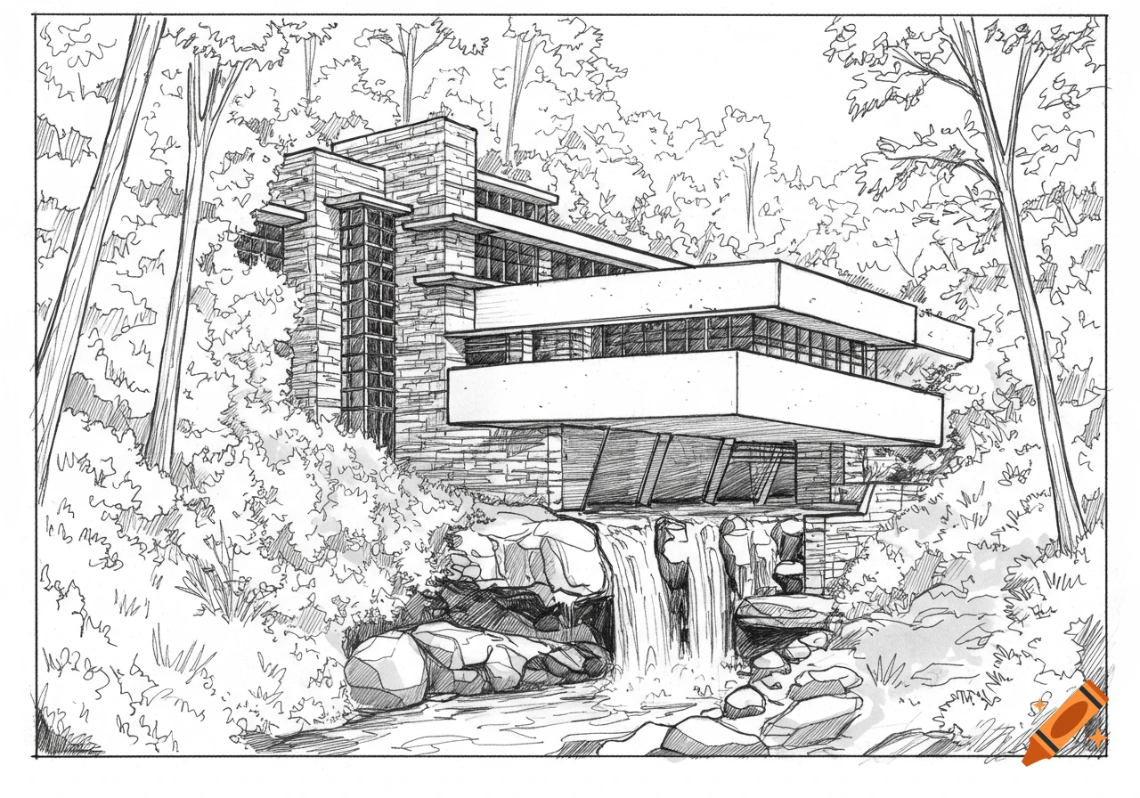 Detailed line drawing of Frank Lloyd Wright's Fallingwater house built ...