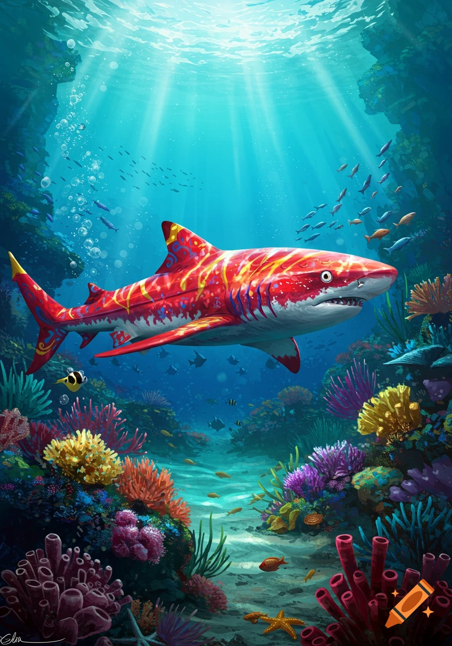 An orca swims above a whale shark in sunlit turquoise water, surrounded ...