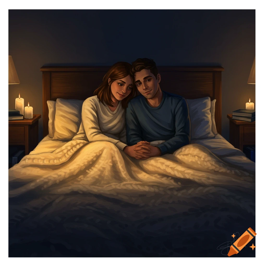 An illustrated couple sits on a bed, illuminated by candlelight, holding hands in a warm ...