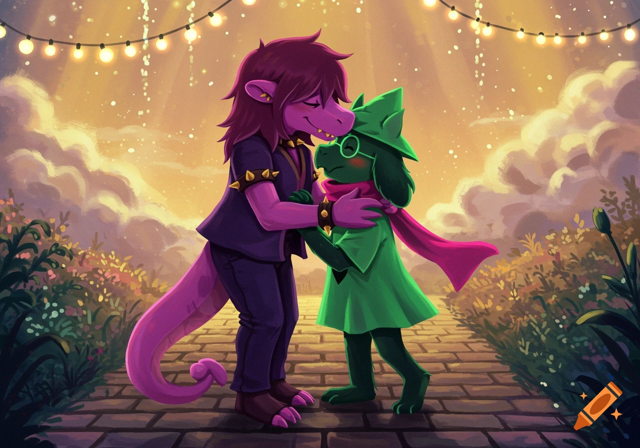 Purple monster Susie and green goat Ralsei from Deltarune embrace on a ...