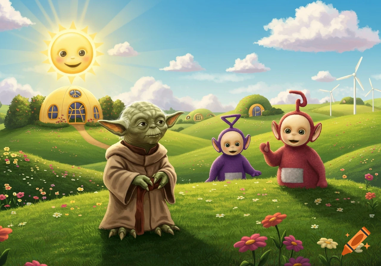 Female teletubby offering a piggyback ride to a boy on Craiyon