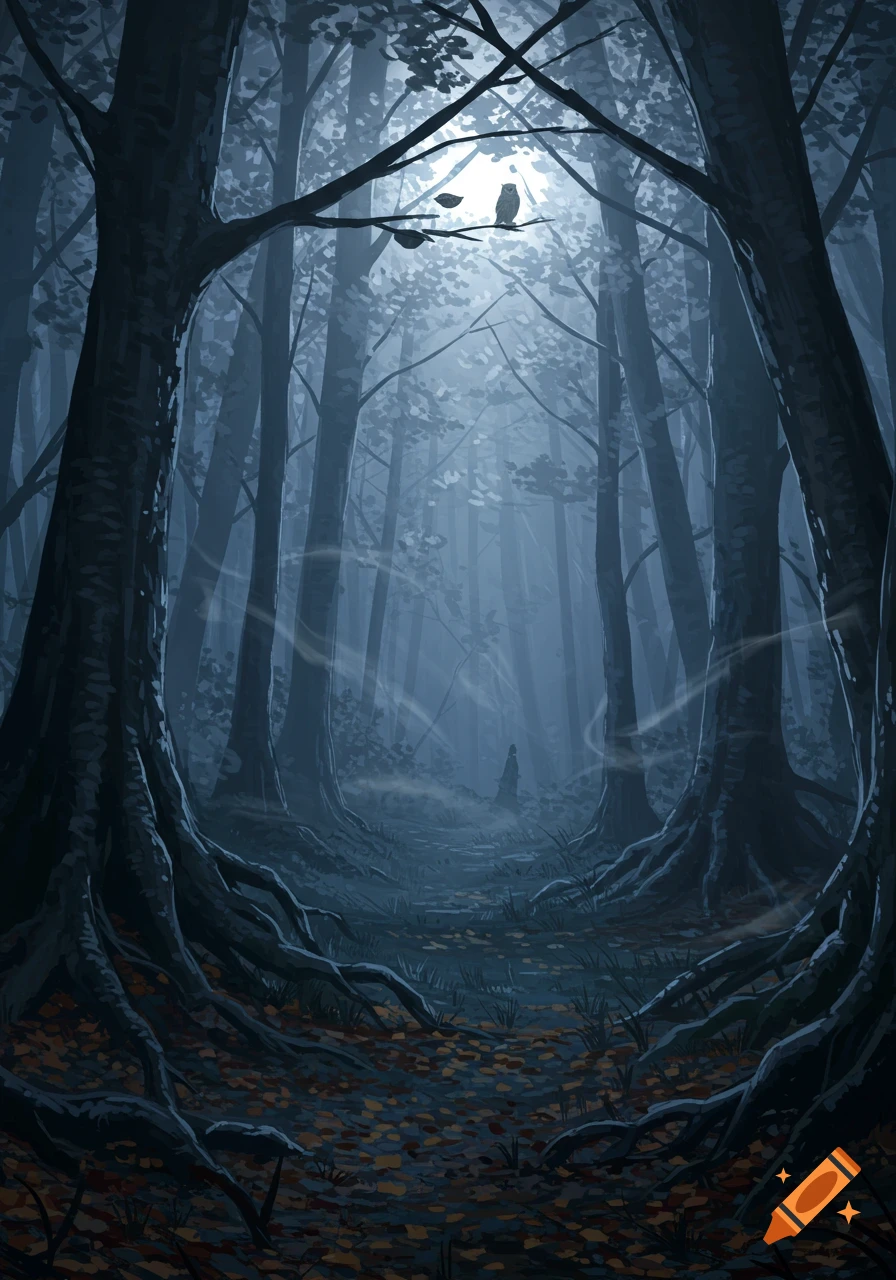 A dark, atmospheric fantasy illustration of a moonlit forest at night ...