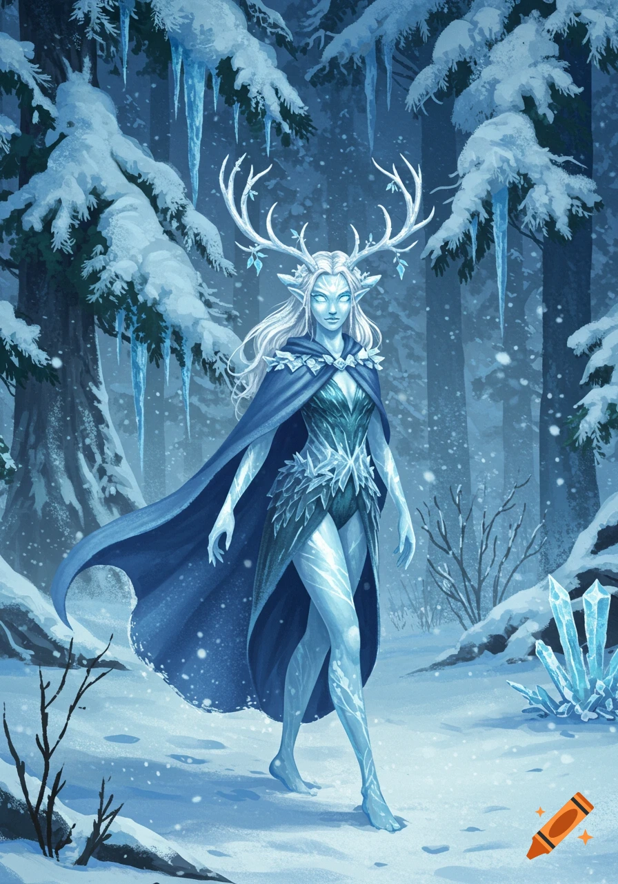 A fantasy illustration of a female ice elf with glowing eyes and deer antlers walking through a ...