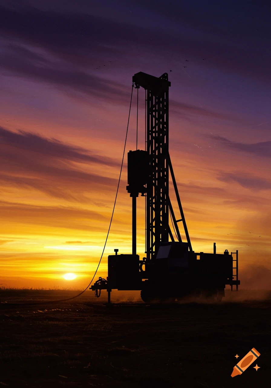 Silhouette of a water well drilling rig against a vibrant orange and ...