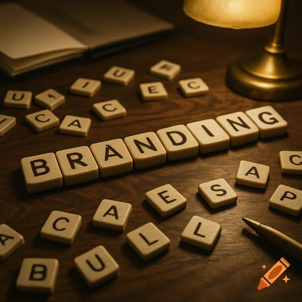 Scrabble tiles spelling 'BRANDING' on a wooden desk with a lamp, open ...