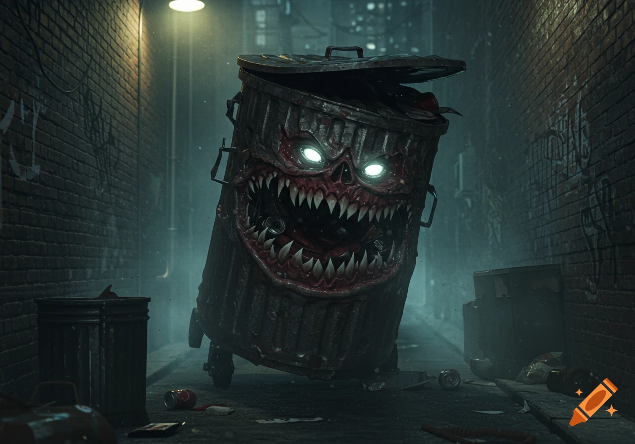 A monstrous trash can with glowing eyes and sharp teeth stands ...