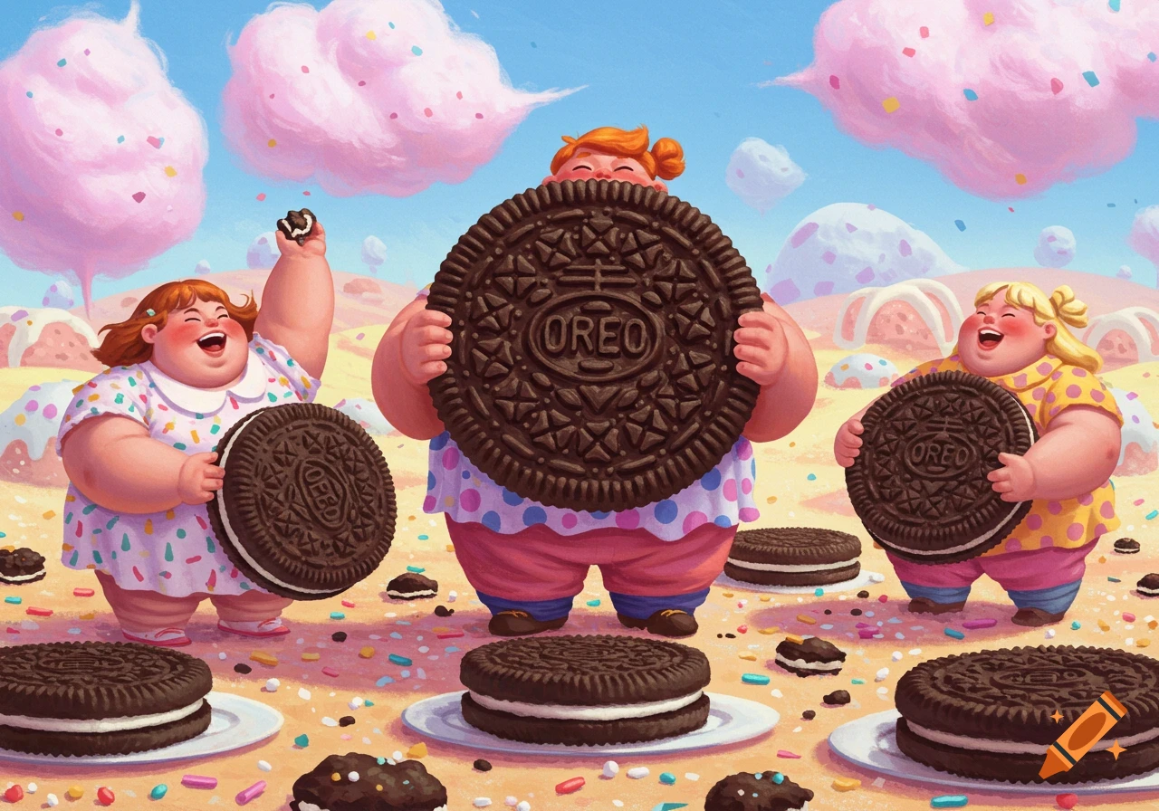 Cartoon illustration of three chubby, joyful people holding giant Oreo ...