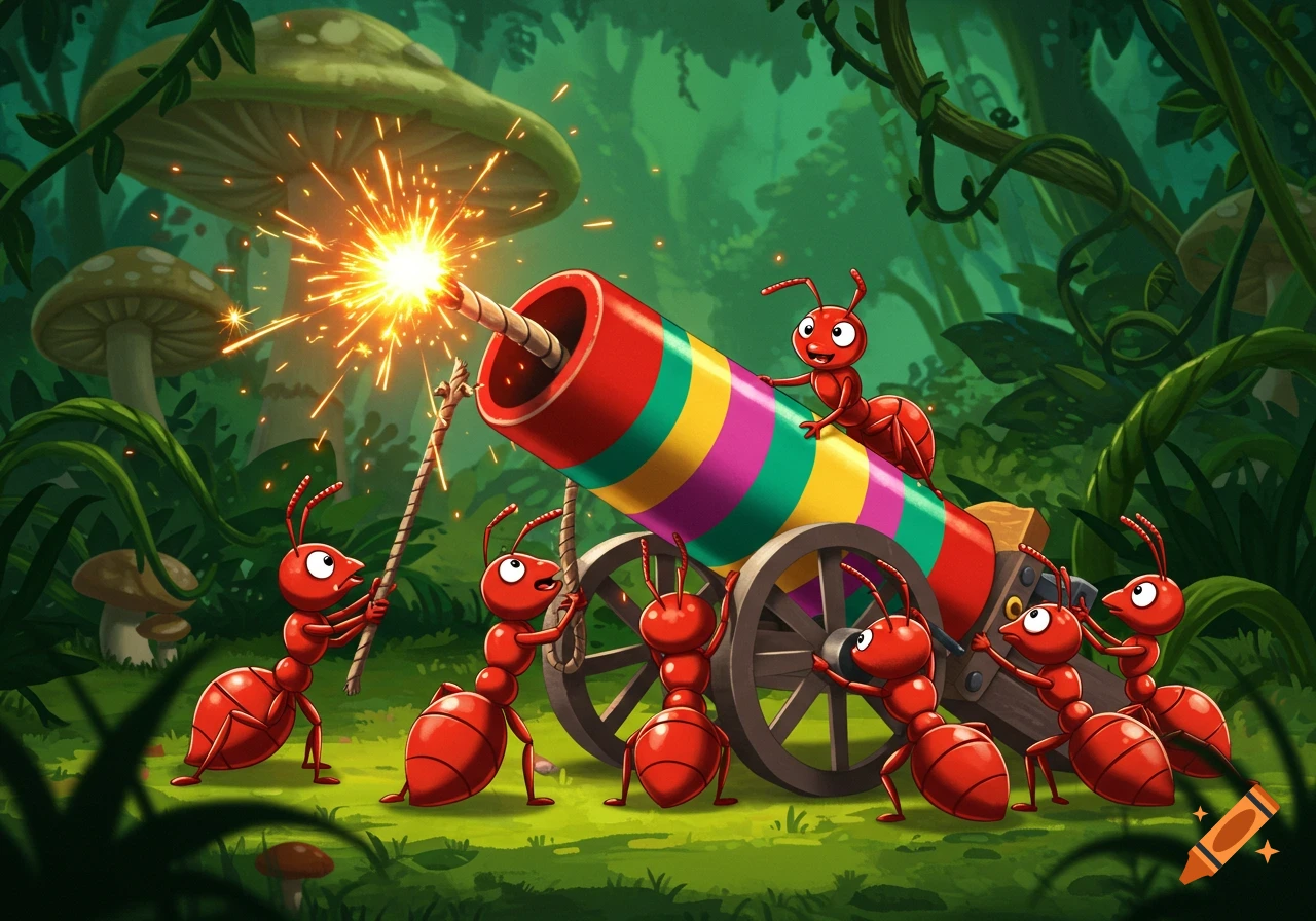Cartoon red ants with shiny exoskeletons light a colorful firecracker ...