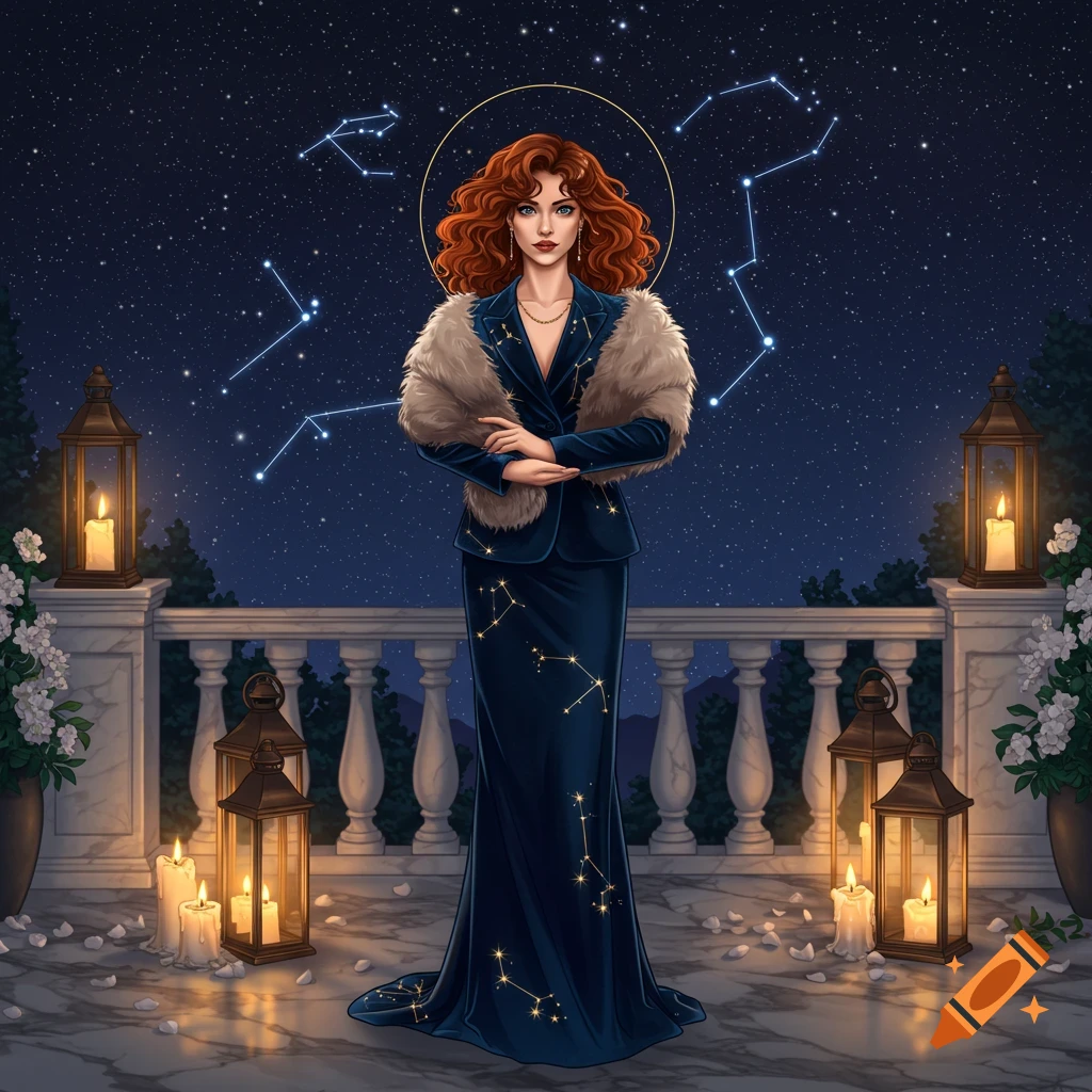 A woman with red hair in a dark blue gown and fur stole stands on a ...