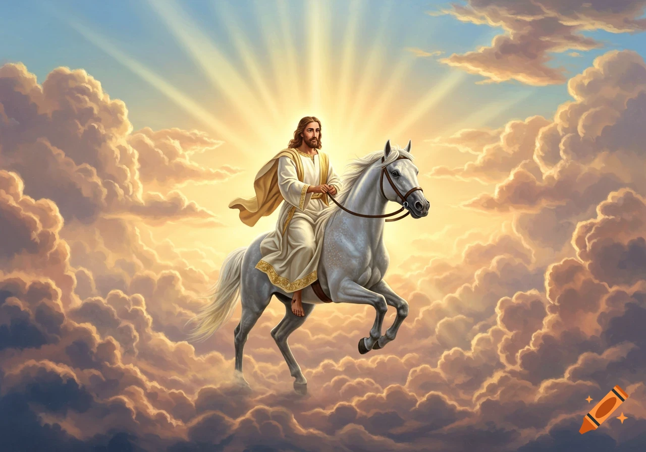 Jesus riding a white horse through golden clouds with rays of light in ...