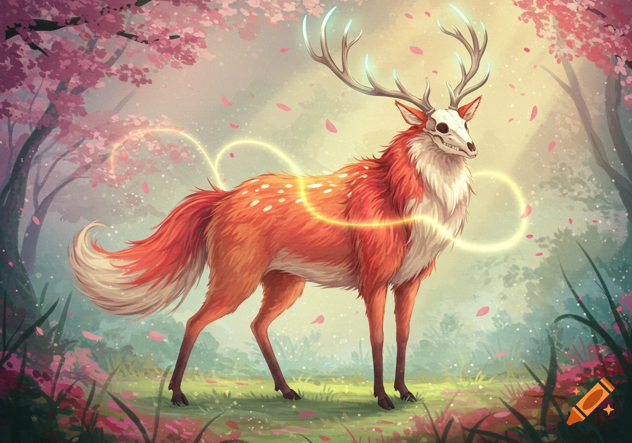 A mystical fox-deer spirit with a skull head and glowing blue antlers ...