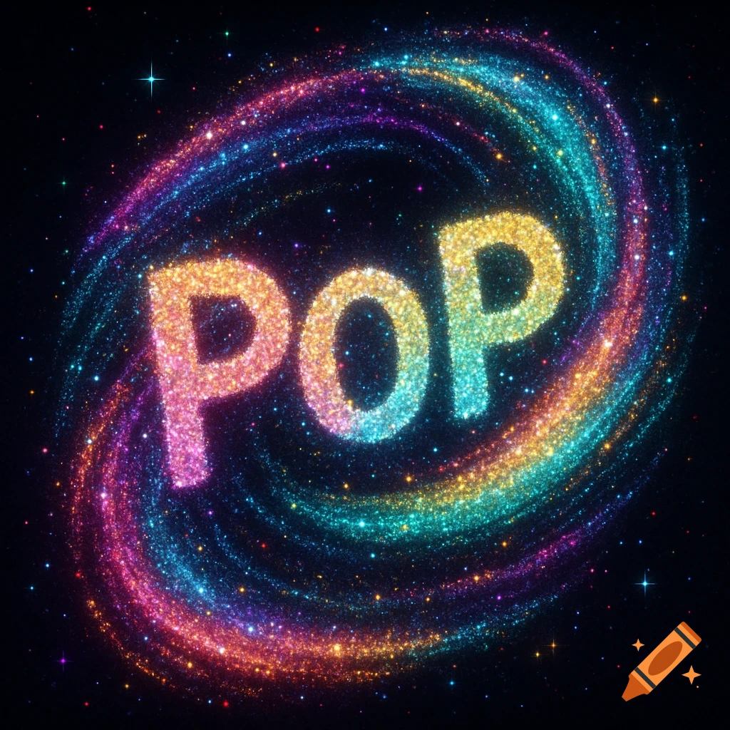 The word POP rendered in colorful, sparkling glitter against a dark ...
