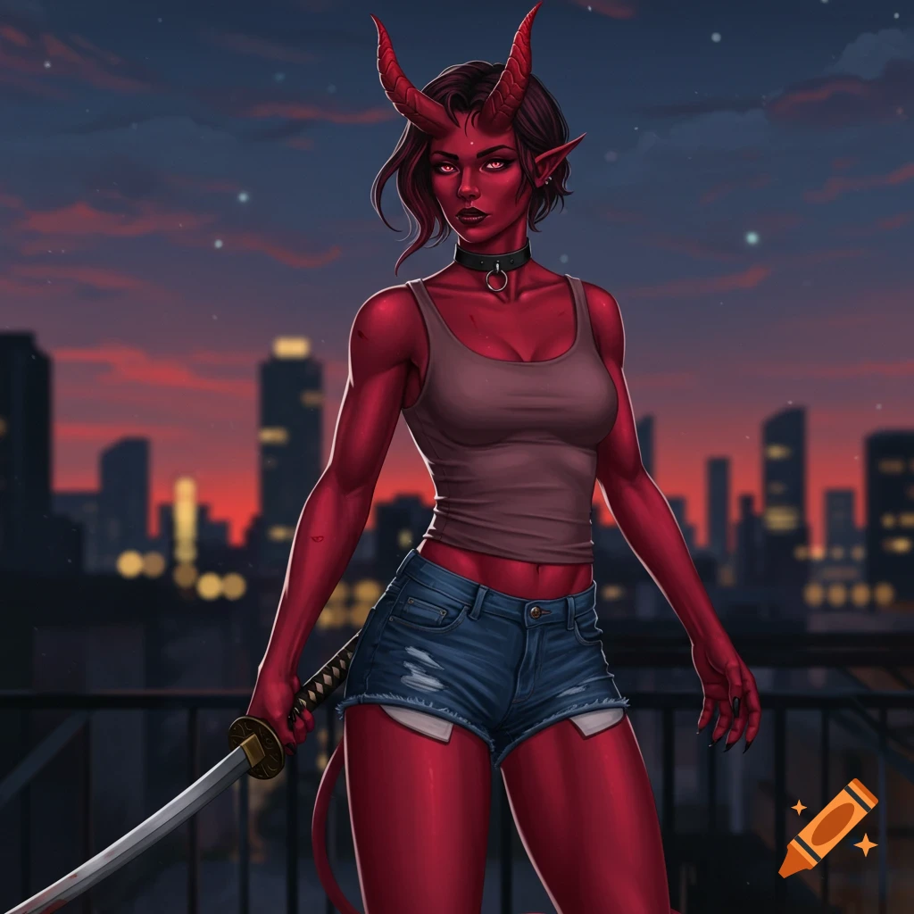 Red-skinned demon woman with horns, wearing a tank top and denim shorts ...