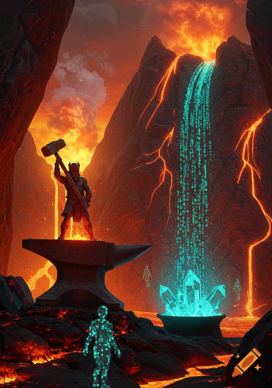 A mythical blacksmith stands on an anvil in a fiery, lava-filled forge ...