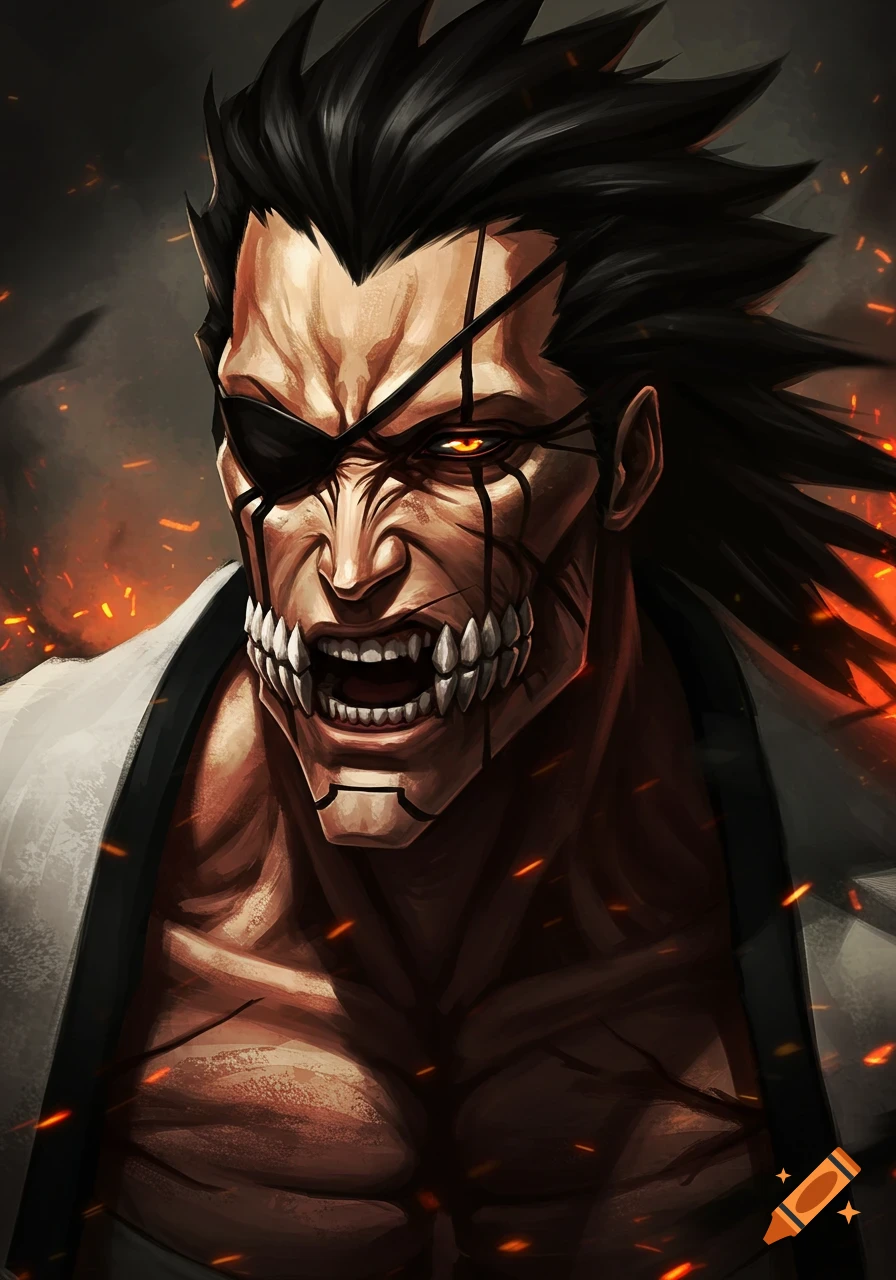 Close-up of Kenpachi from Bleach, an angry, muscular man with spiky ...