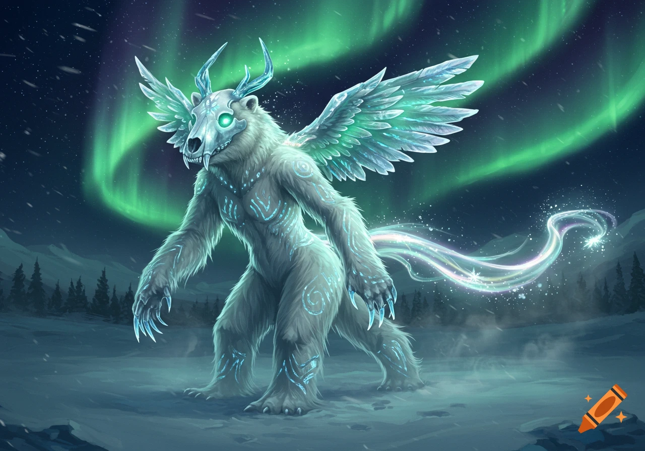 A powerful reindeer with sharp claws stands prominently on a snowy peak ...