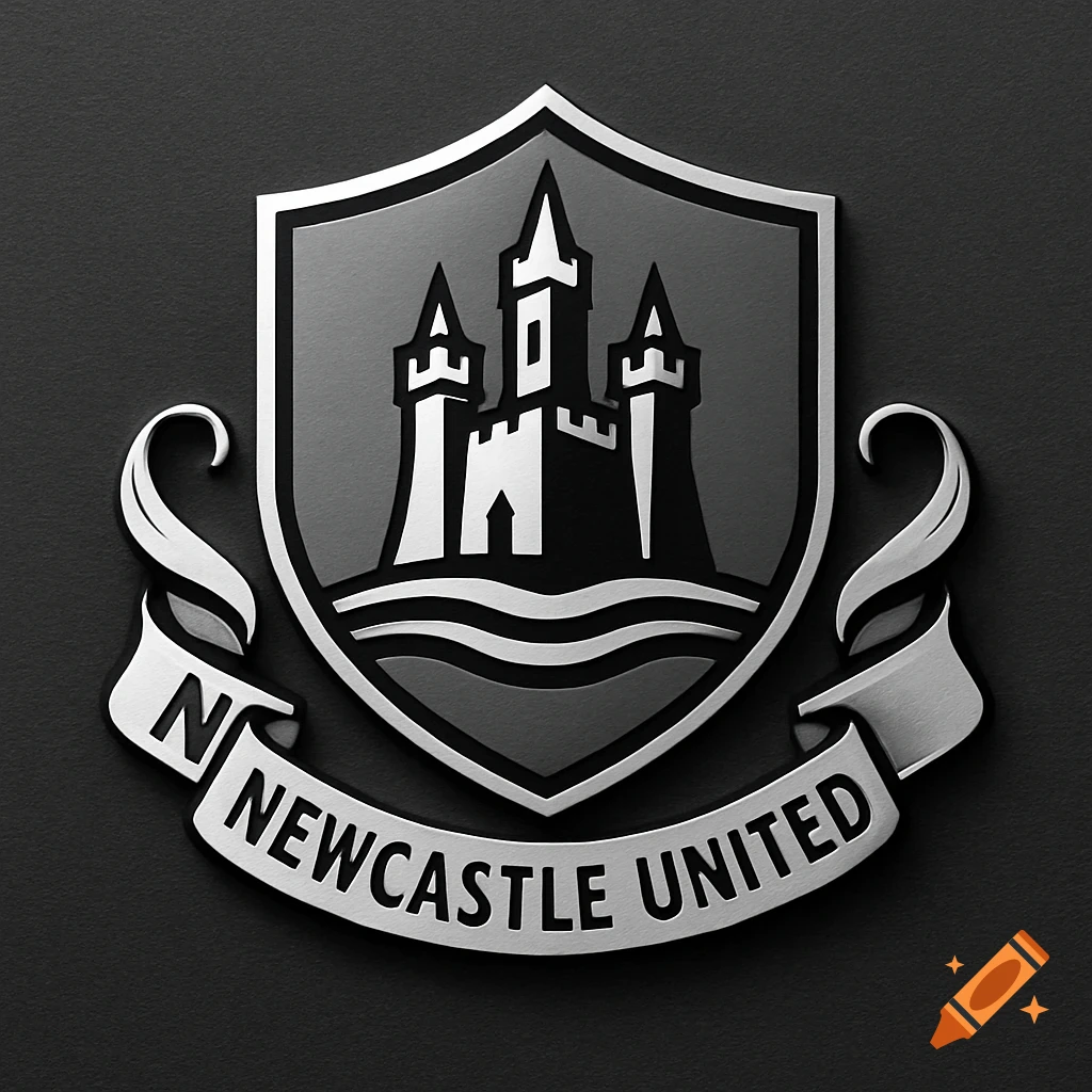 A metallic grey and black shield logo with a castle above waves, framed ...
