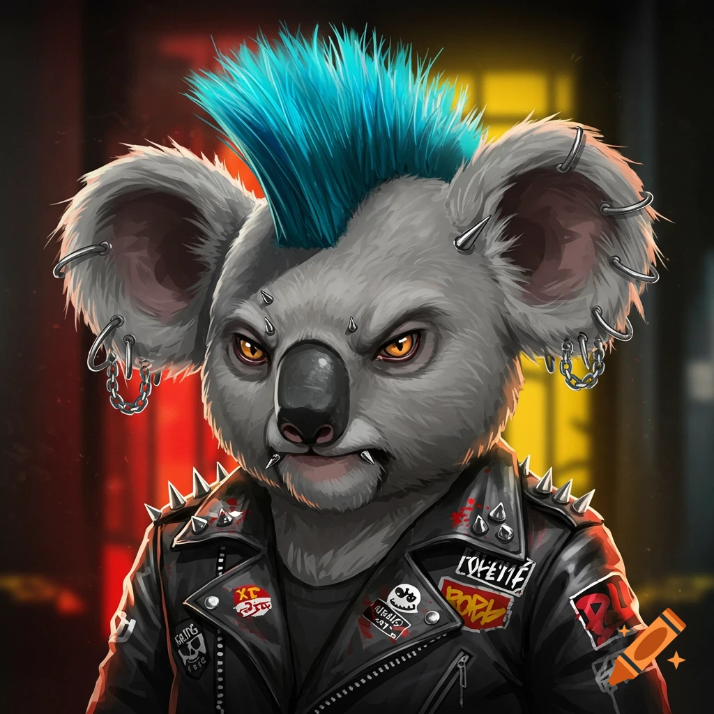 An illustration of an angry punk rock koala bear with a blue mohawk ...