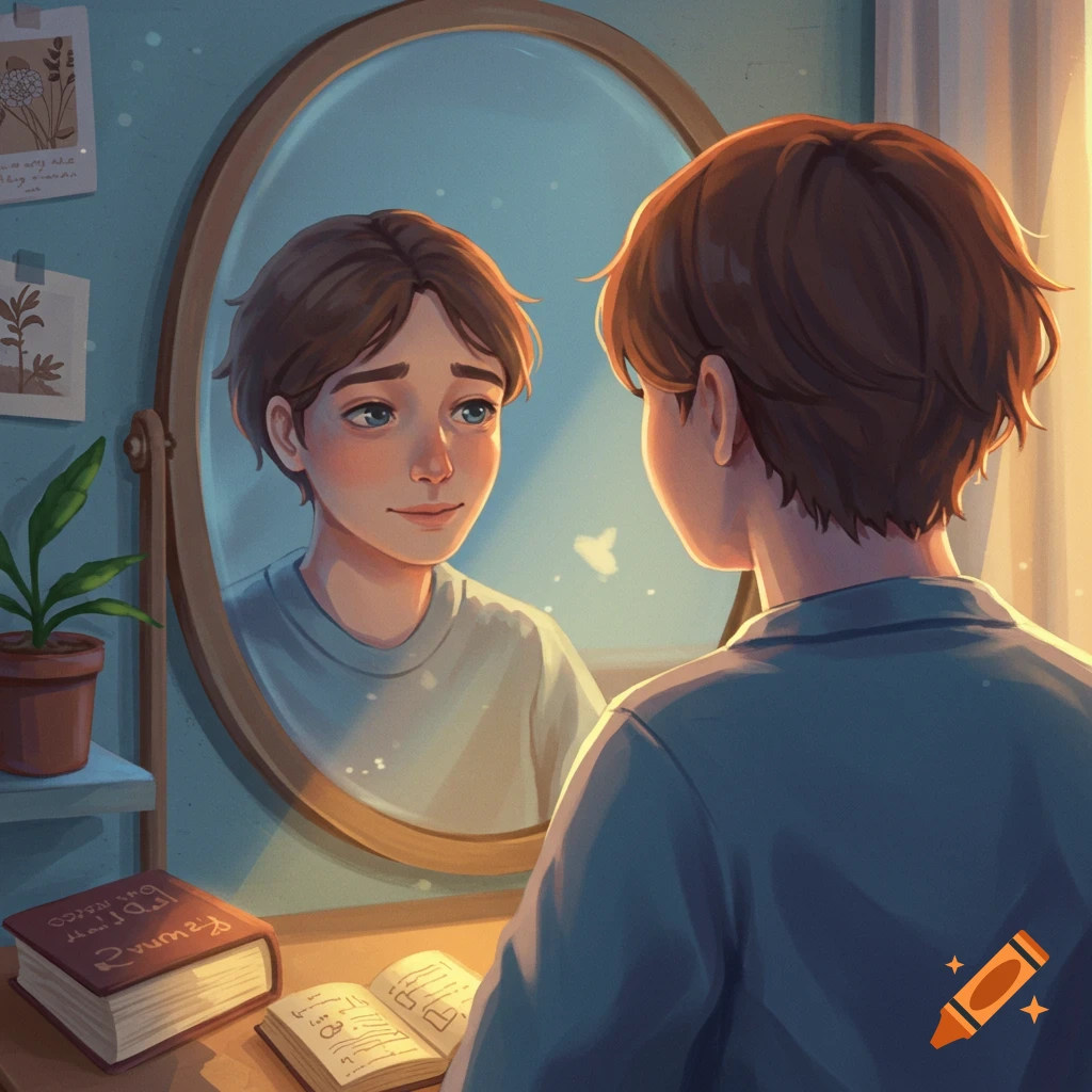 An illustrated young person sits among colorful wildflowers in dappled sunlight, gazing into a ...