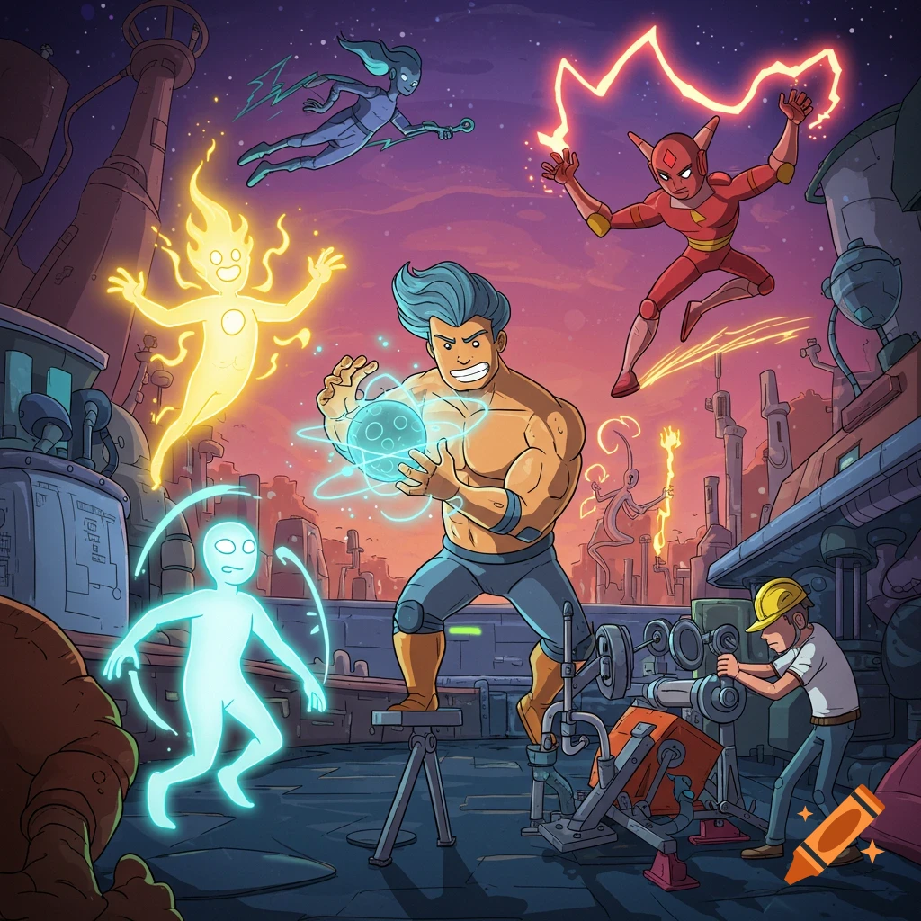 Cartoon superheroes with various powers in an industrial setting at ...