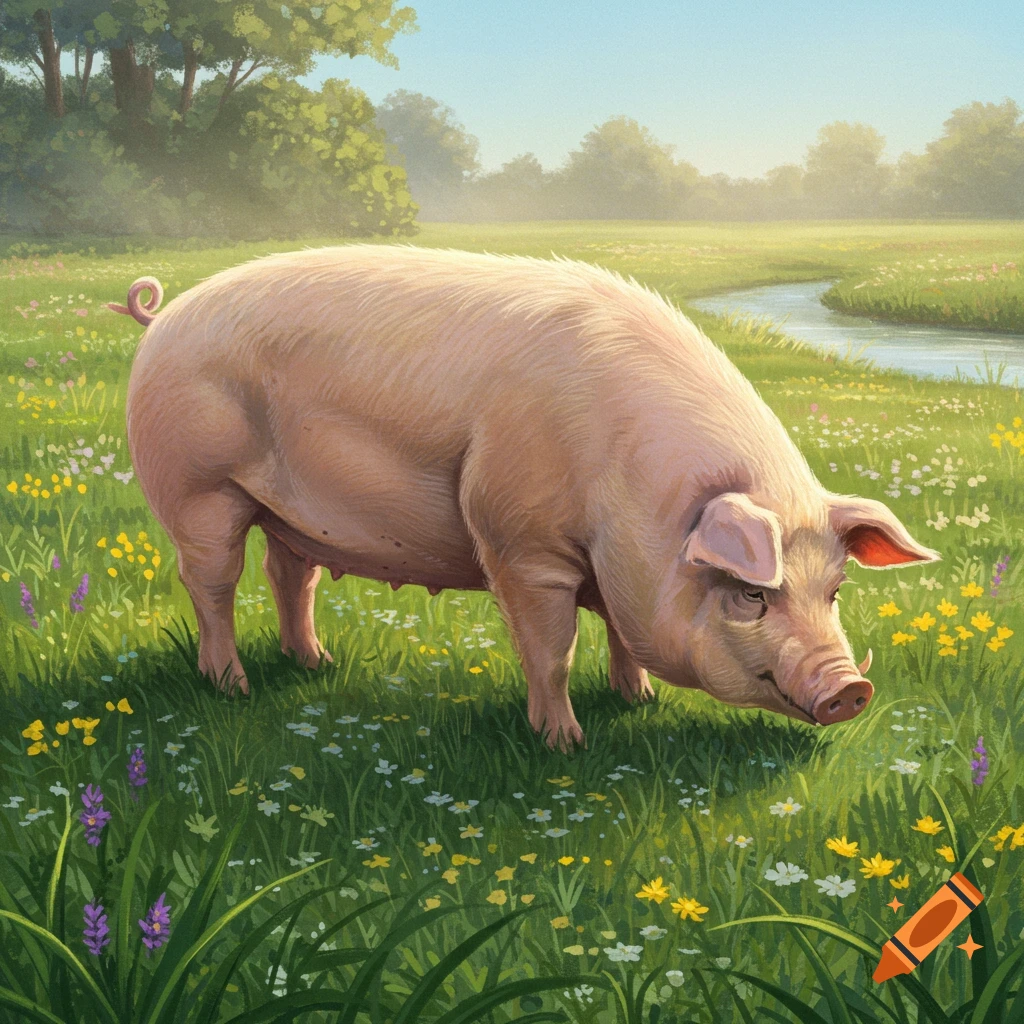 A happy pink pig stands in a vibrant green field filled with colorful ...