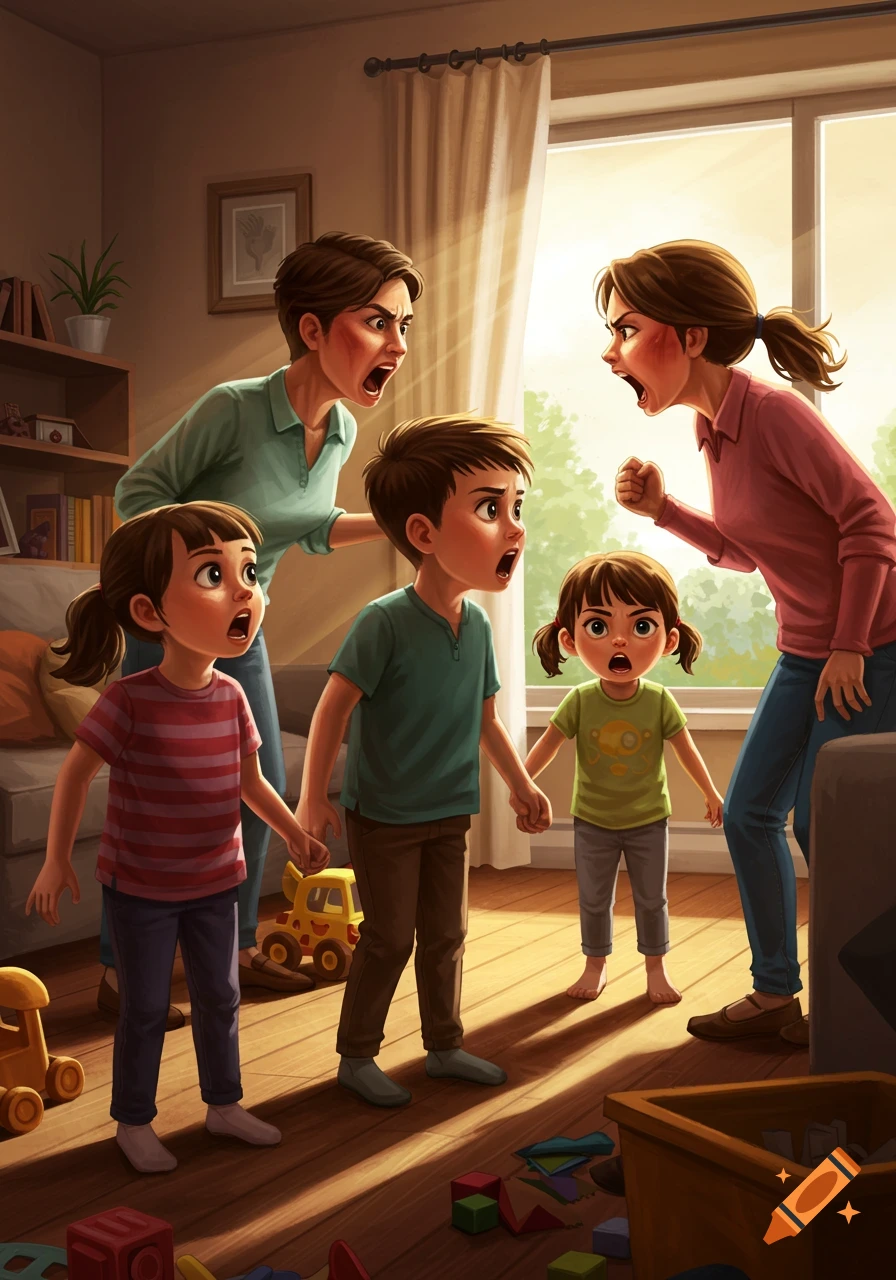 A happy mother and three children joyfully painting at a table, bathed in sunlight. on Craiyon