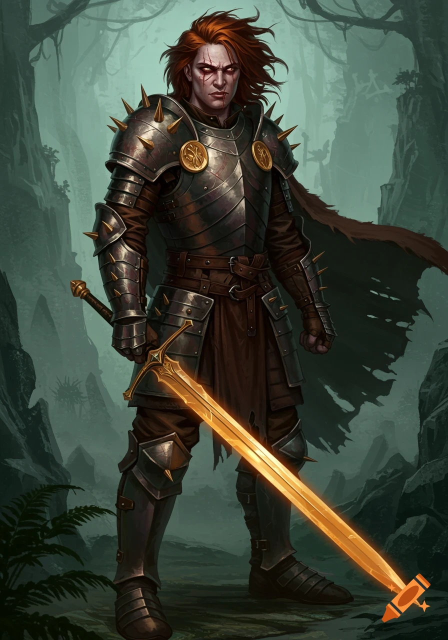 A female half-orc fighter in silver armor stands in a forest, holding a dagger. She has dark ...