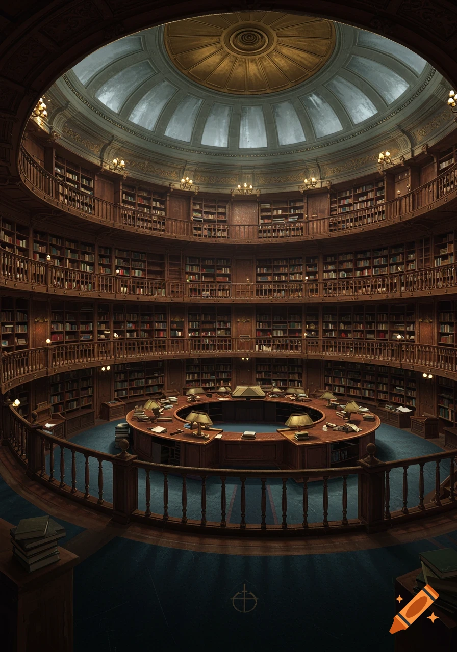 A grand, multi-tiered circular library with dark wood bookshelves, blue ...