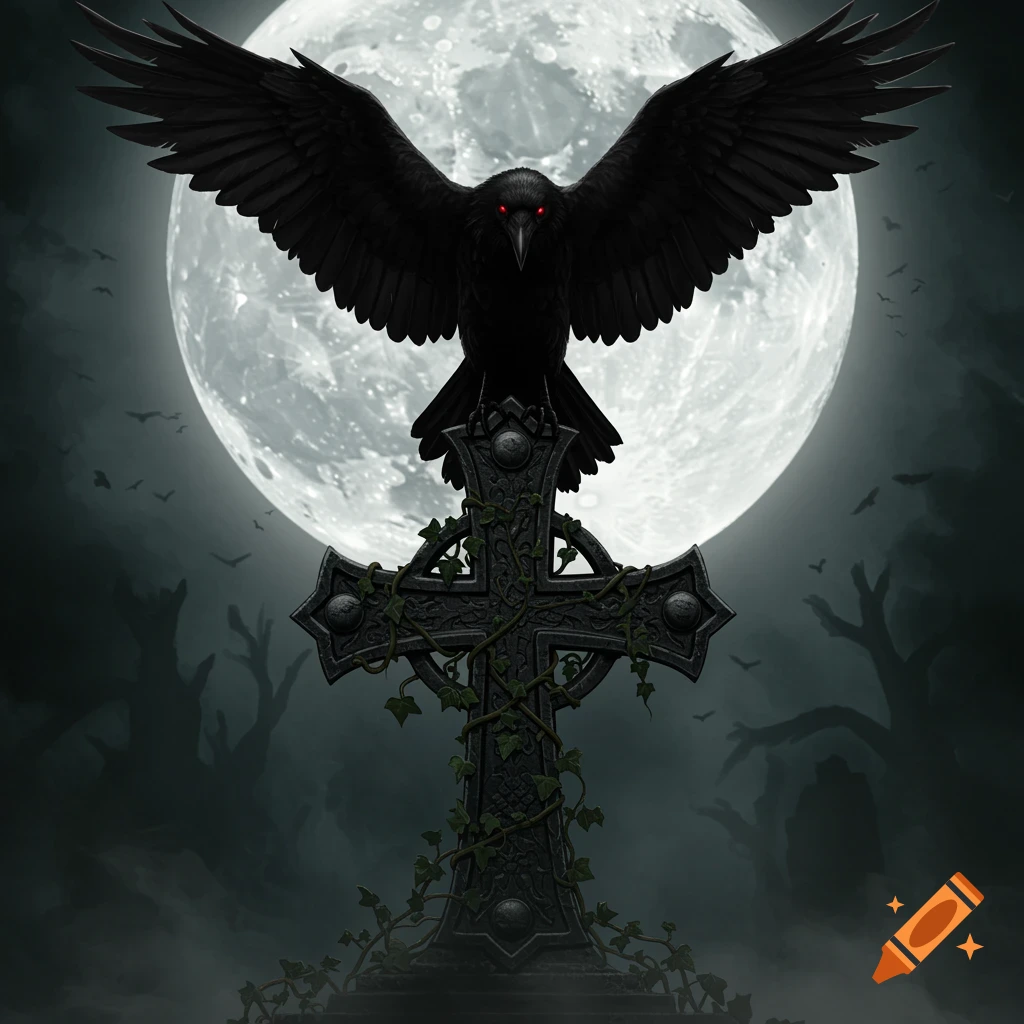 A black crow with red eyes perched on a stone cross against a large full moon in a dark, misty ...