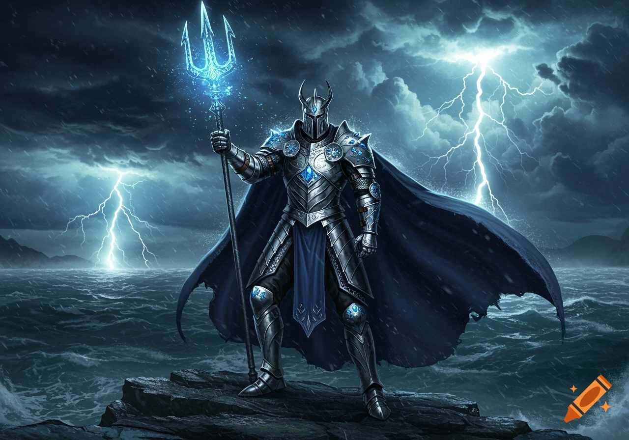 A heavily armored knight with a horned helmet stands in a stormy ...