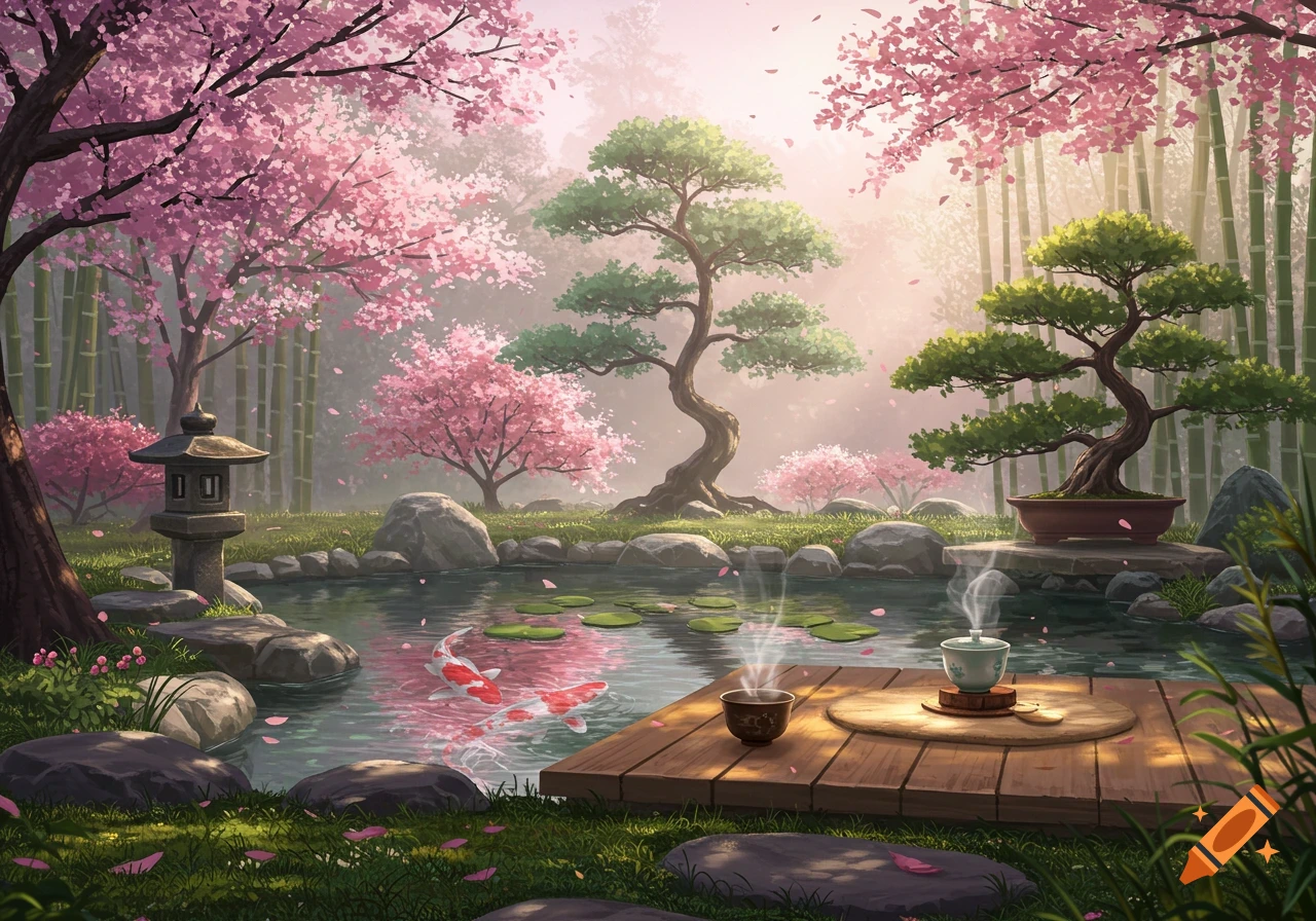 A vibrant, photorealistic Japanese garden with pink cherry blossom ...
