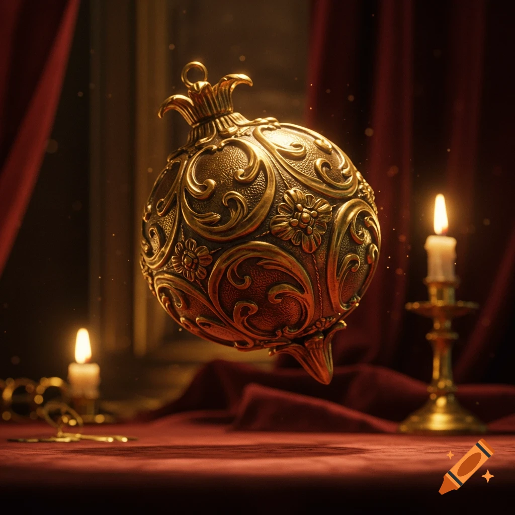 An ornate golden ornament with intricate patterns floats above a red ...