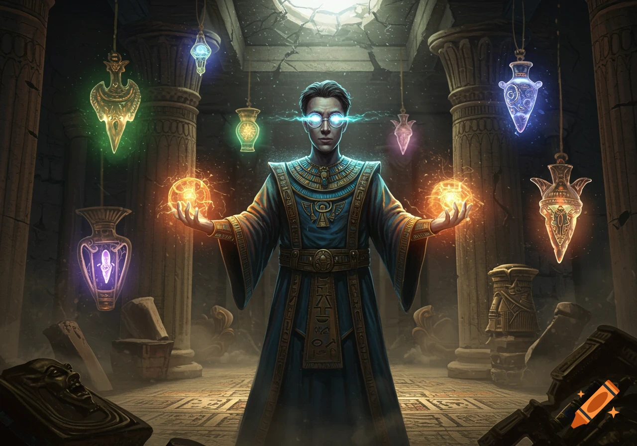 A robed figure with glowing eyes on a throne, surrounded by vast piles ...