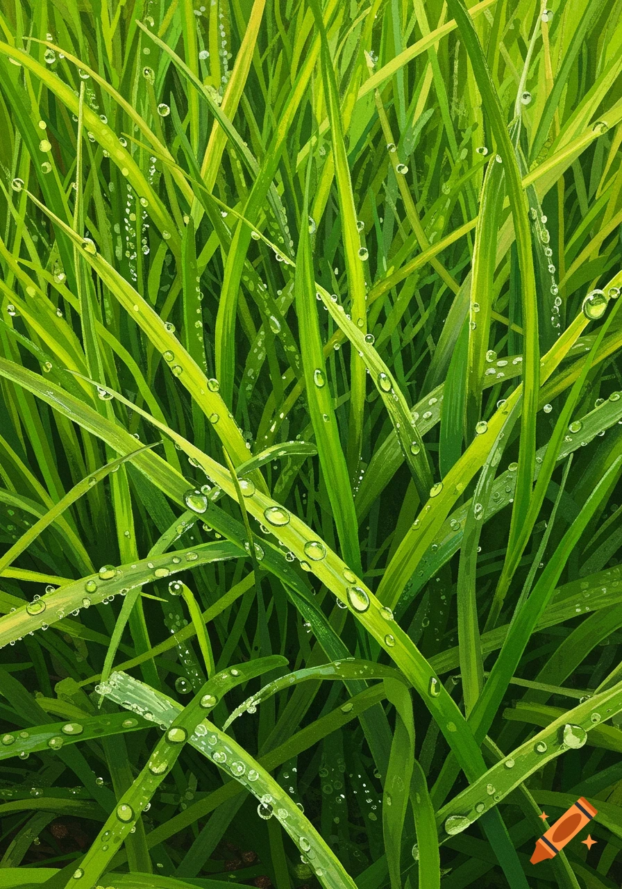 Vibrant green grass blades covered in numerous clear water droplets, close-up. on Craiyon