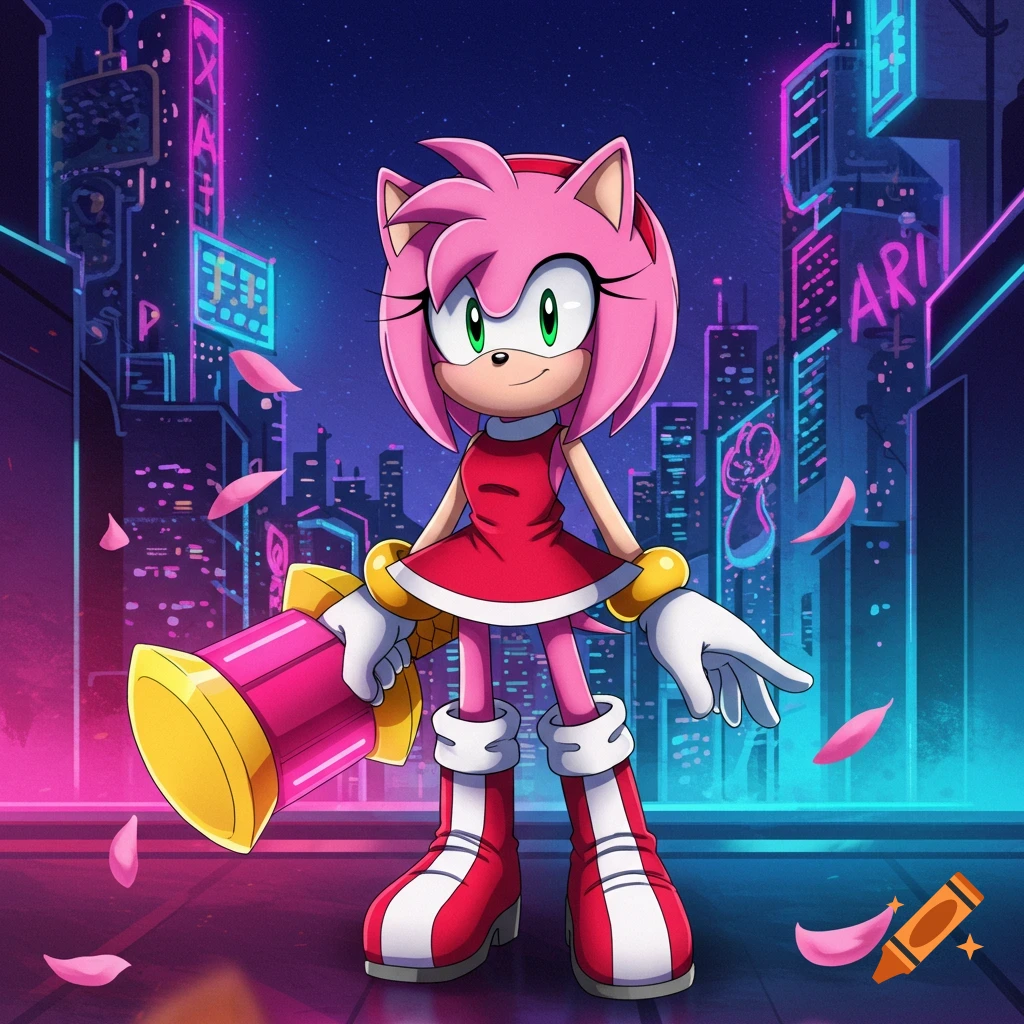 Amy Rose stands in a vibrant neon cityscape at night, holding her pink ...